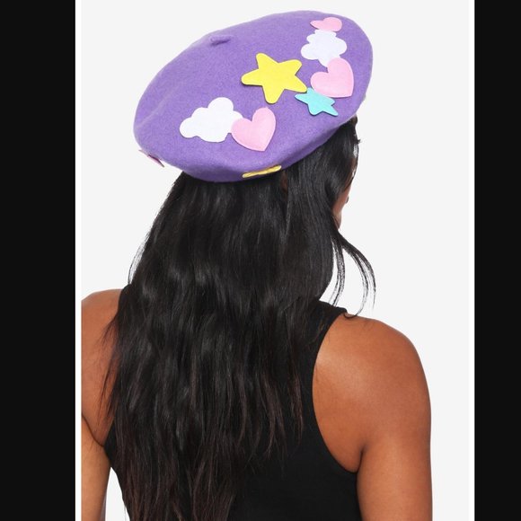 Hot Topic | Accessories | Nwt Purple Kawaii Clouds Bows Stars Beret ...